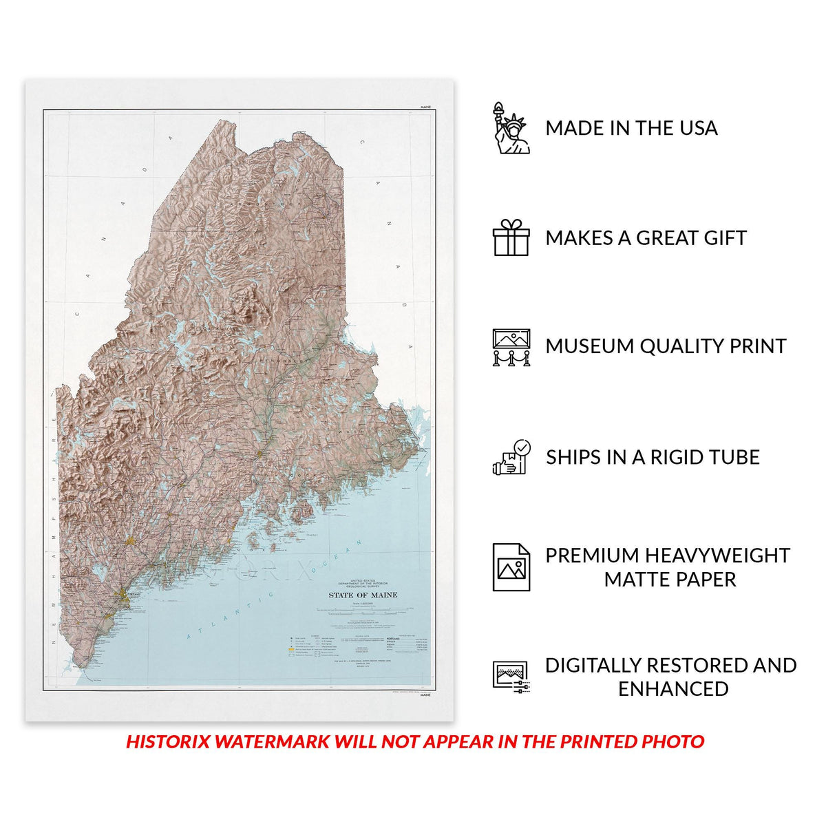 1977 Maine Base Map with Highways & Contours Poster Wall Art Print – Historic Prints