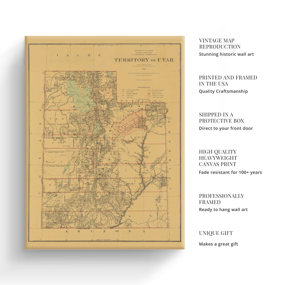 1879 Territory of Utah United States Map Canvas Wall Art – Historic Prints