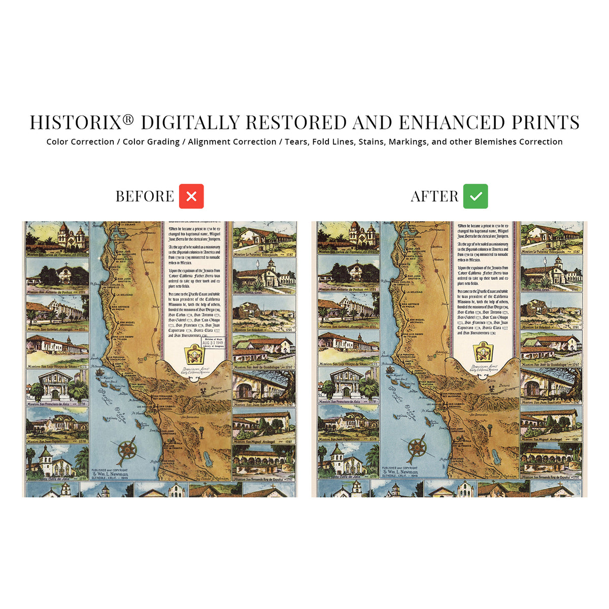1949 California Missions United States Map Wall Art Print – Historic Prints