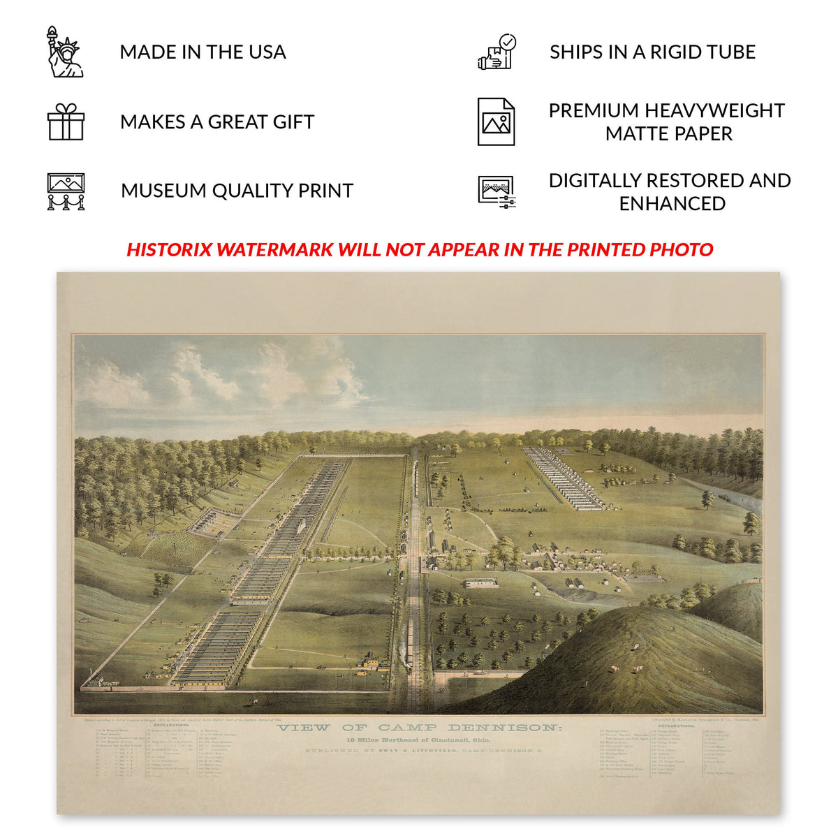1865 Camp Dennison Bird's Eye View Map Print Wall Art Poster – Historic ...