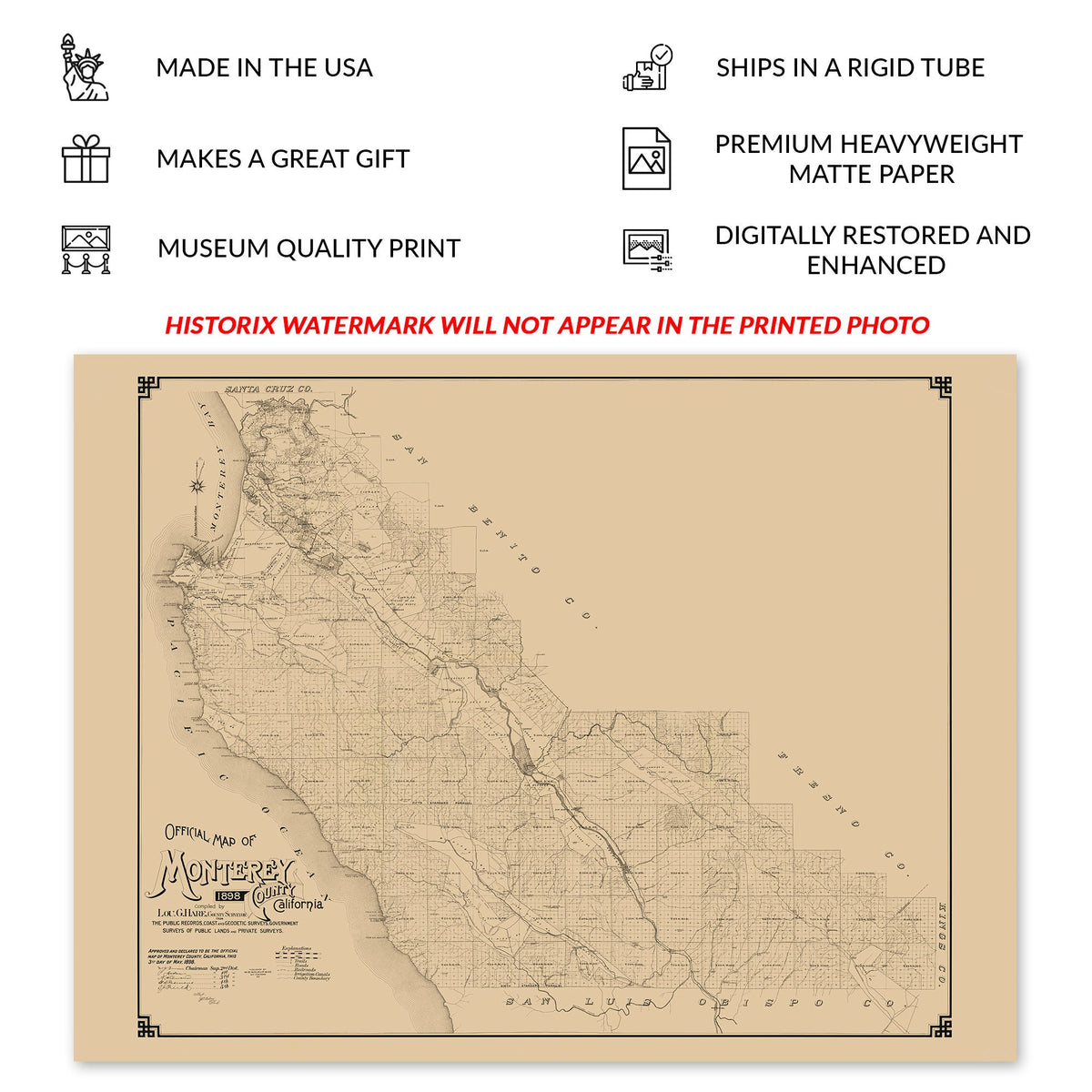 1898 Monterey County California Map Poster Wall Art Print – Historic Prints