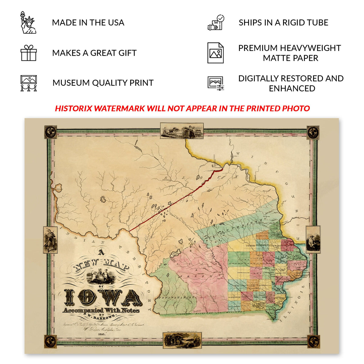 1845 Iowa State Map Poster Wall Art Print Accompanied by Notes ...