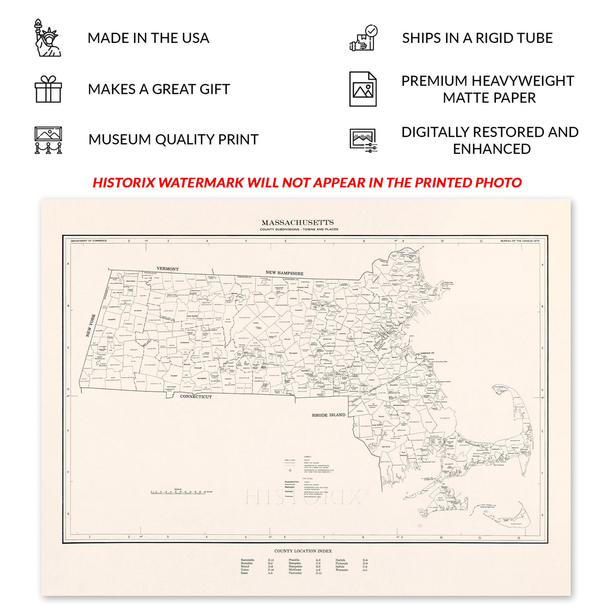 1970 Massachusetts County Subdivisions Towns & Places Map Poster Print ...