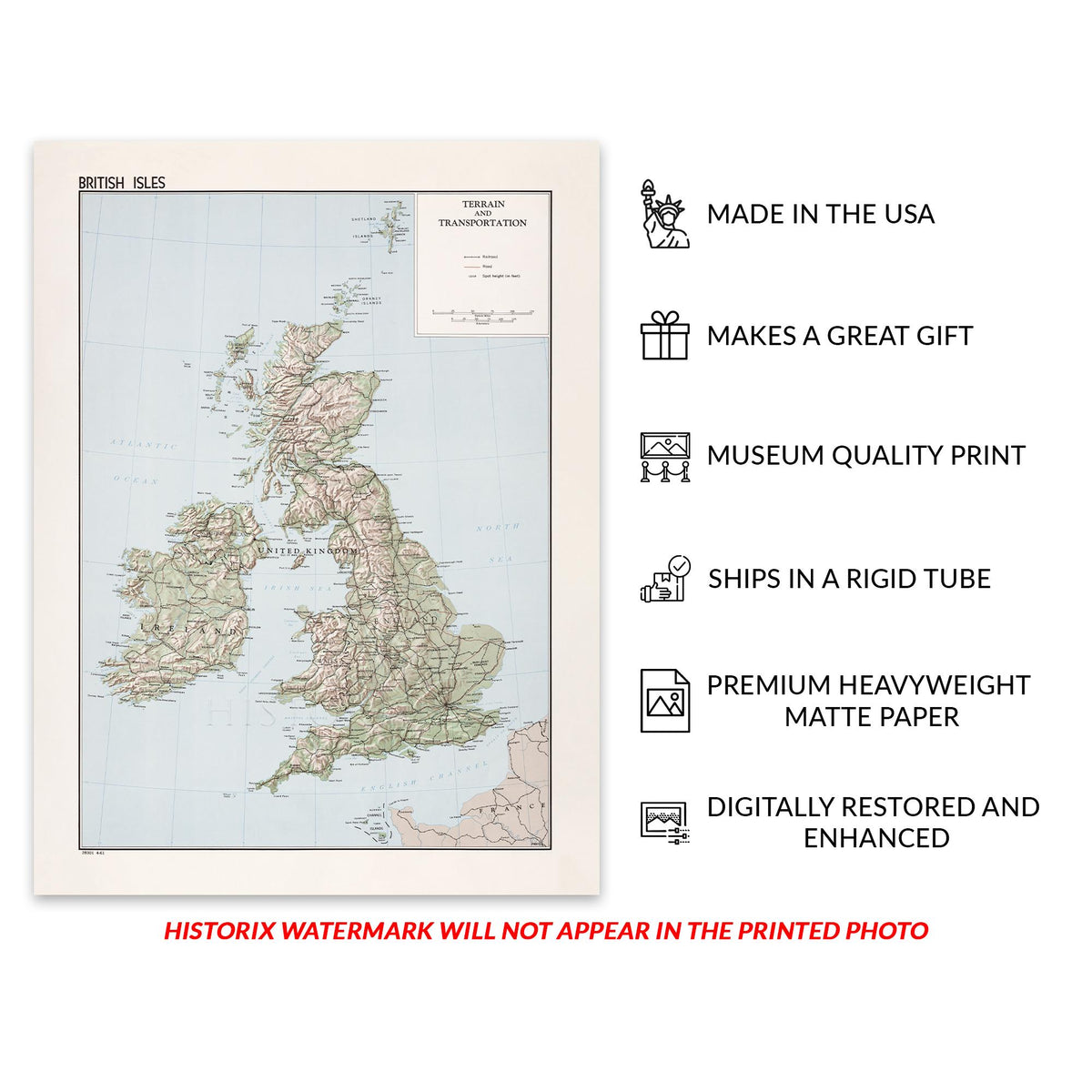1961 British Isles Terrain & Transportation Map Poster Wall Art Print ...