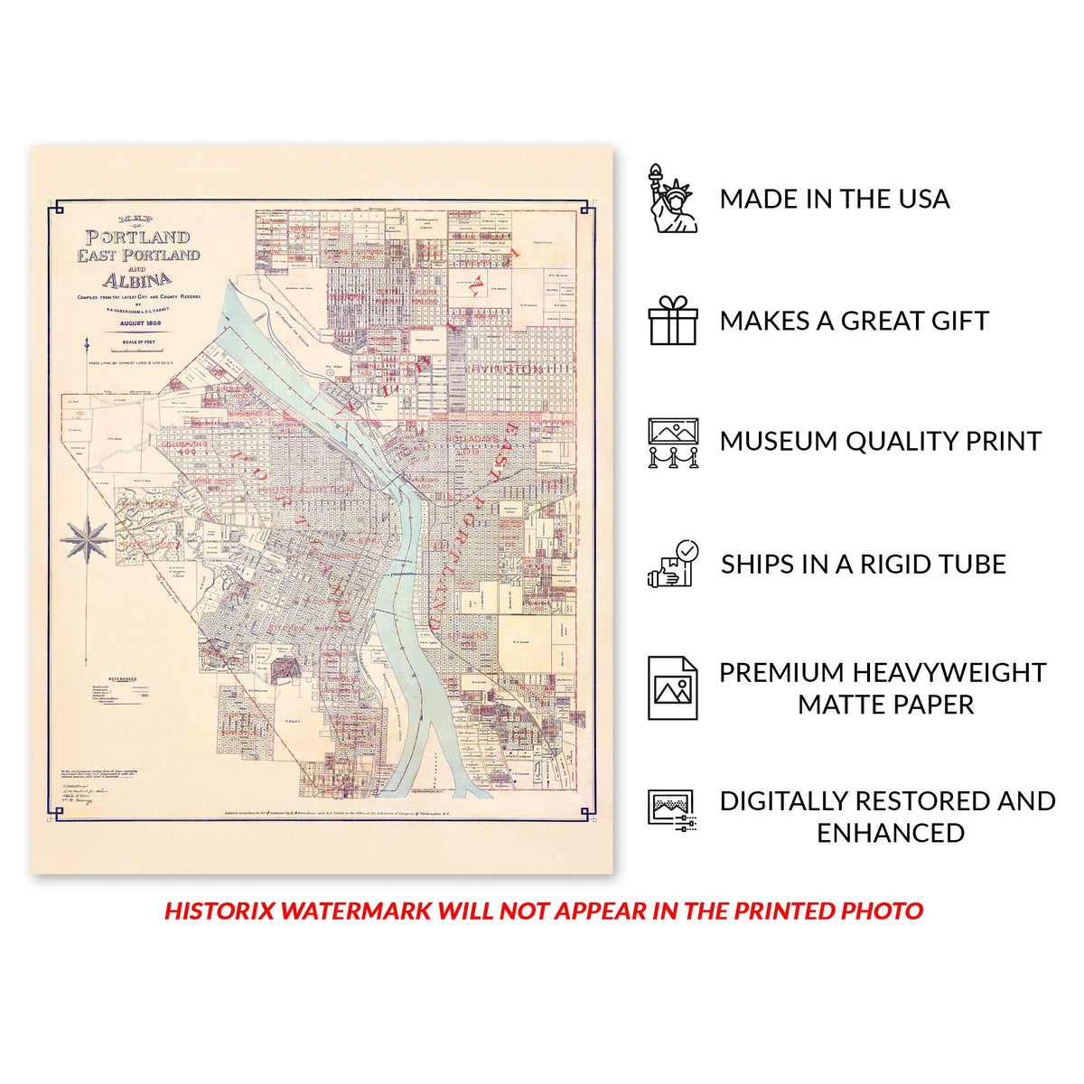 1889 Portland East Portland & Albina Map Print Wall Art Poster ...
