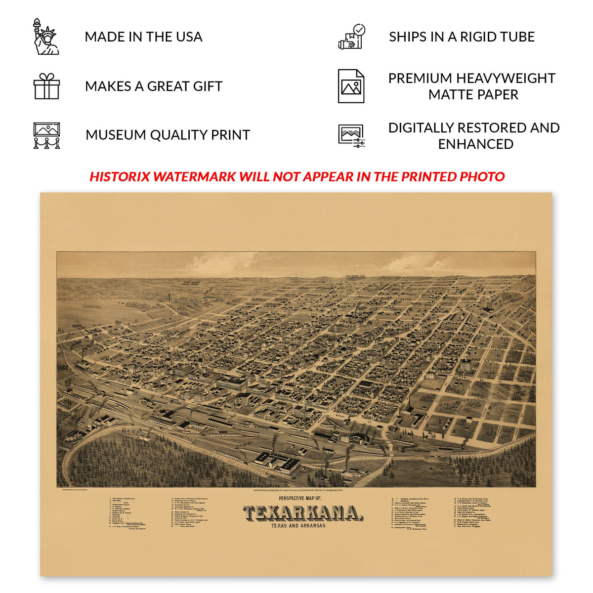 1888 Texarkana Texas & Arkansas Perspective Map Print Wall Art Poster ...