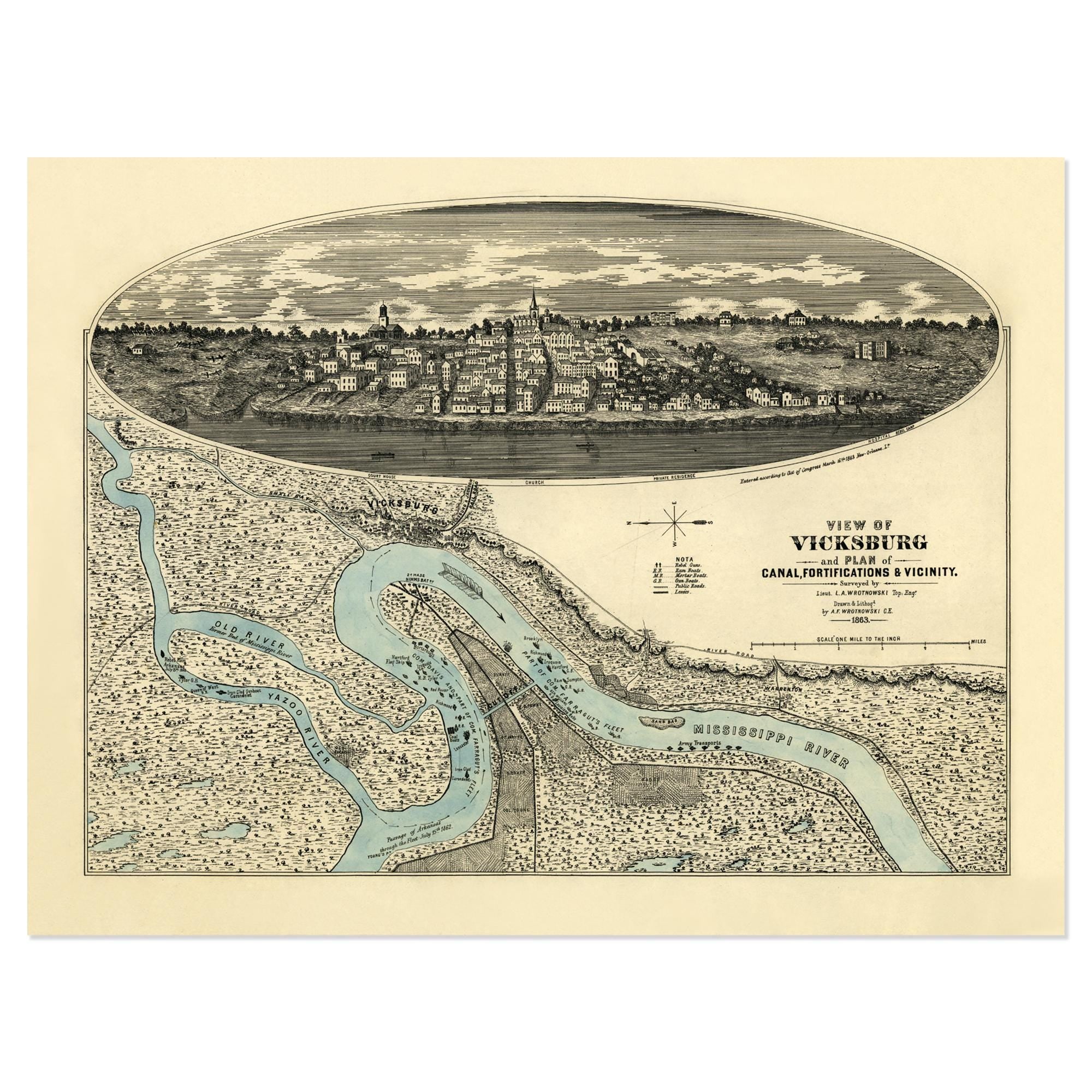 1863 Vicksburg Mississippi Civil War Canal Fortifications Map ...
