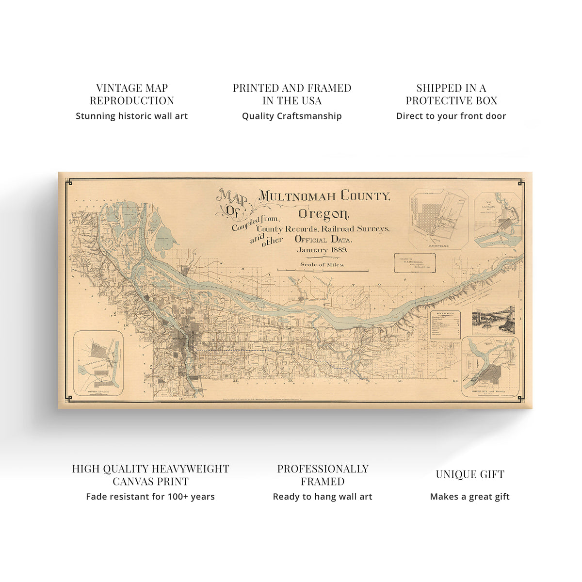 1889 Multnomah County Oregon State Map Canvas Wall Art – Historic Prints