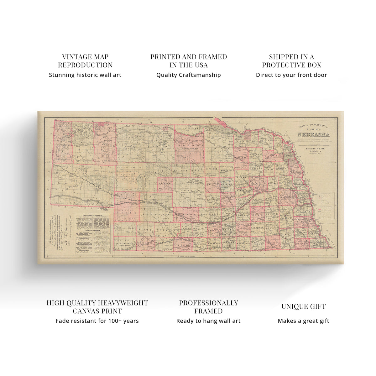 1885 Topographical Map of Nebraska United States Canvas Wall Art ...
