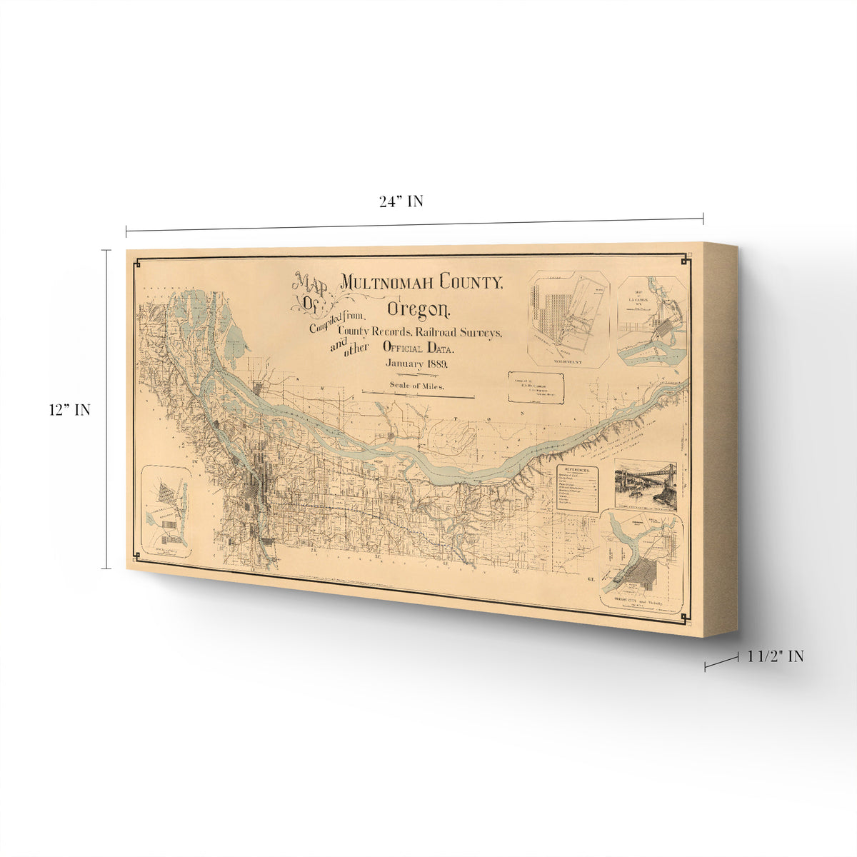 1889 Multnomah County Oregon State Map Canvas Wall Art – Historic Prints