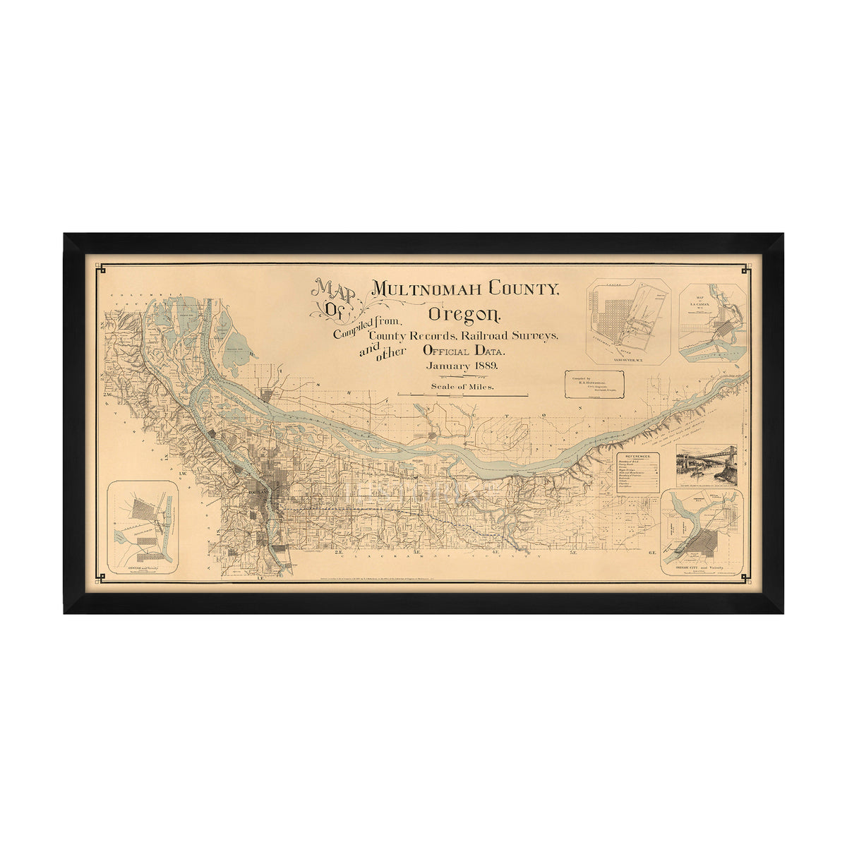 1889 Multnomah County Oregon State Map Framed Wall Art – Historic Prints