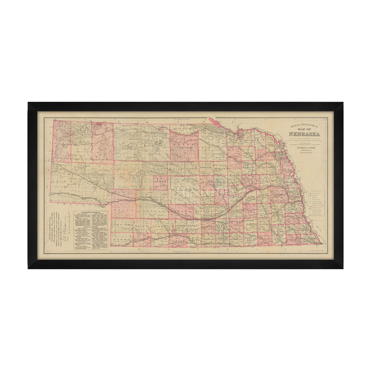 1885 Topographical Map of Nebraska United States Framed Wall Art ...