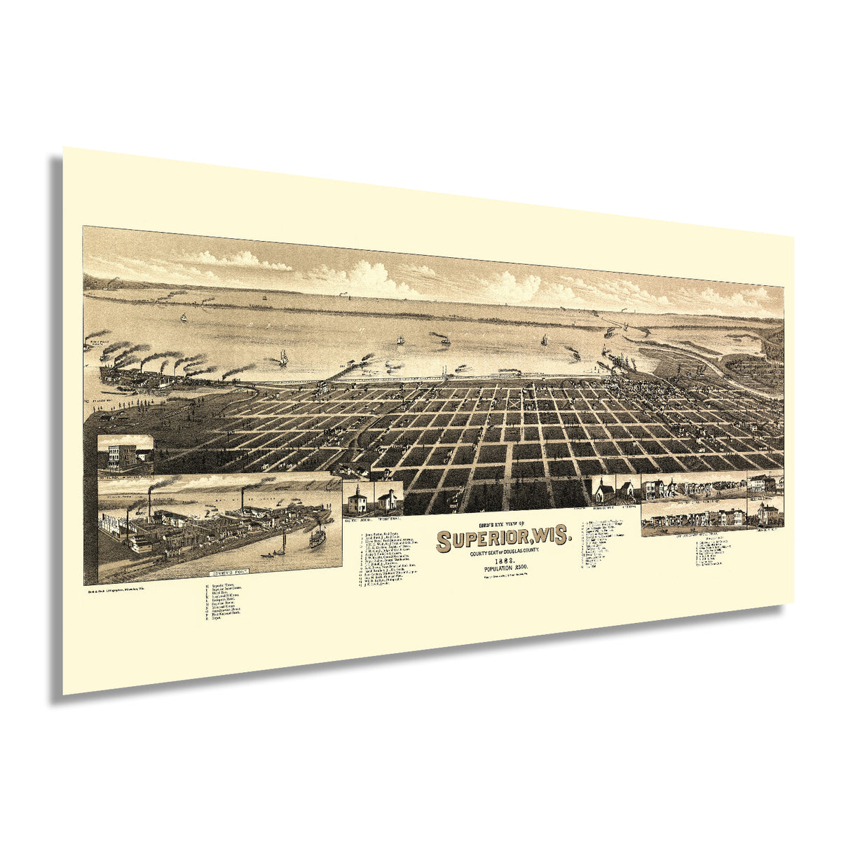 1883 Bird's Eye View Map of Superior Wisconsin Wall Art Print ...
