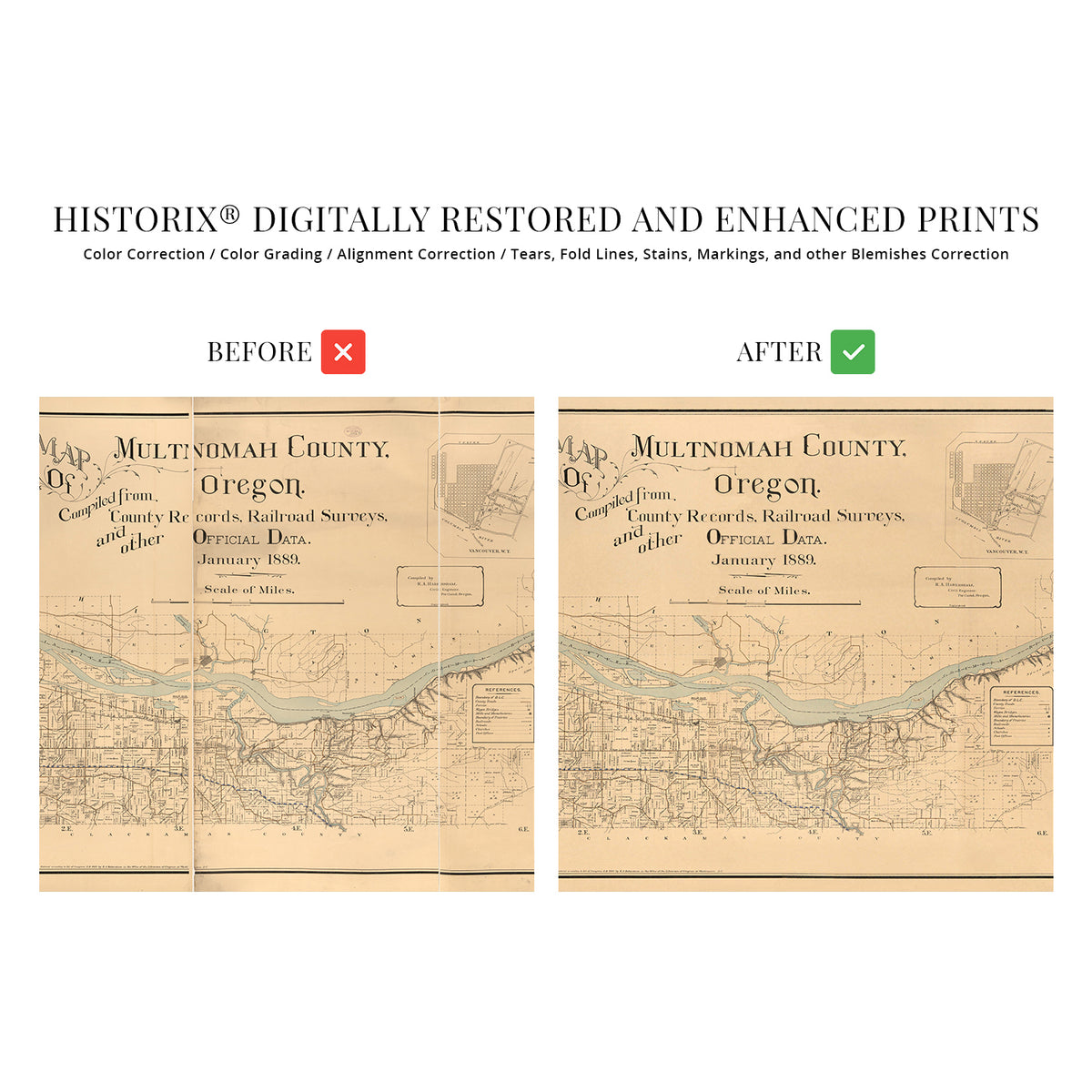 1889 Multnomah County Oregon State Map Wall Art Print – Historic Prints