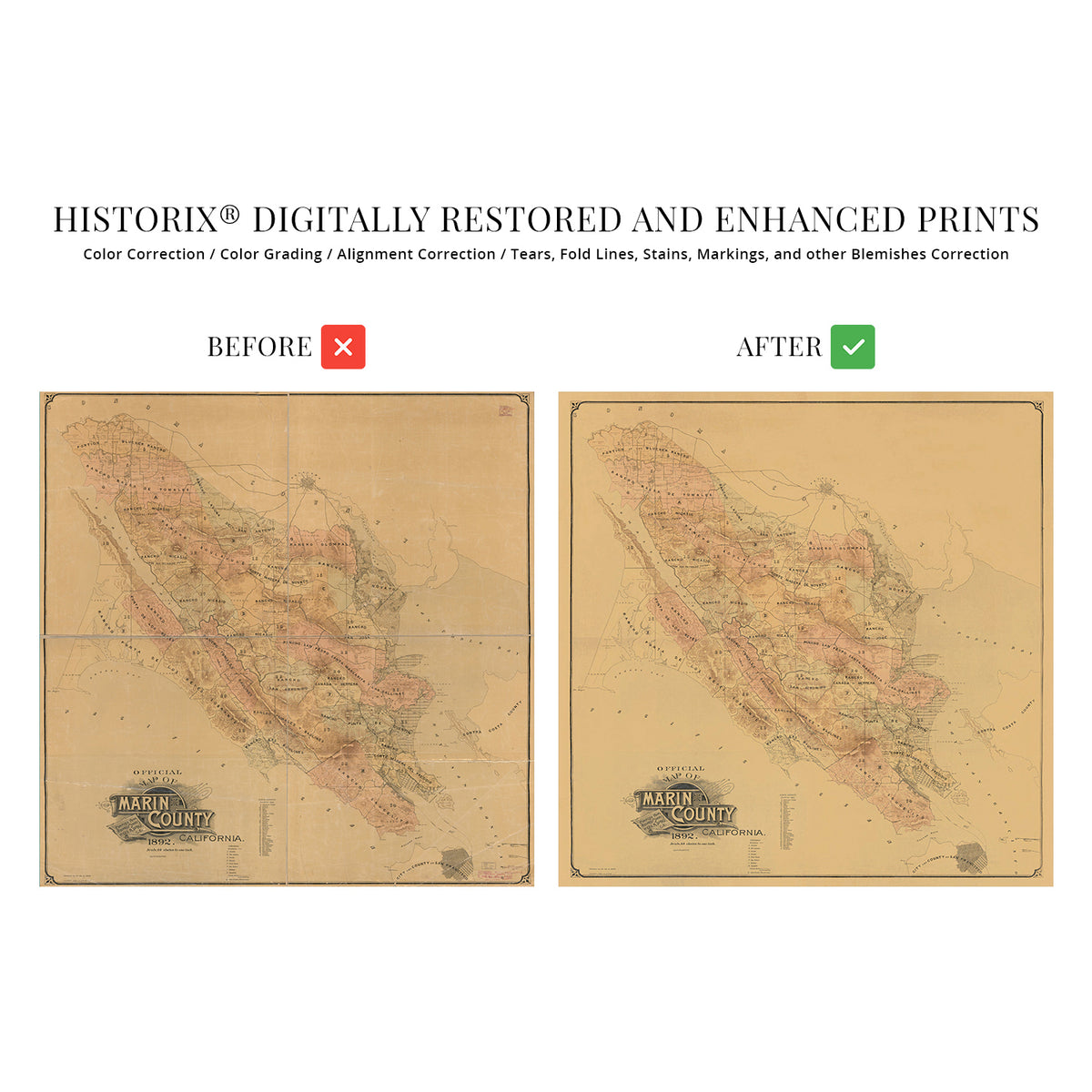 1892 Official Map of Marin County California Wall Art Print – Historic ...
