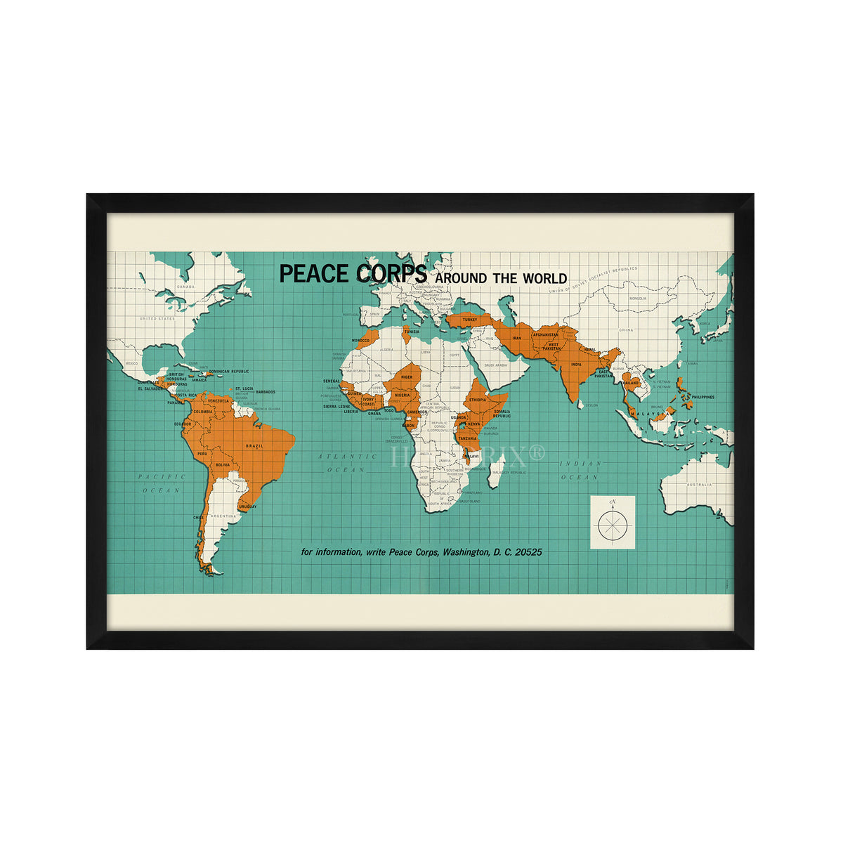 1966 Map of Peace Corps Around the World Framed Wall Art – Historic Prints