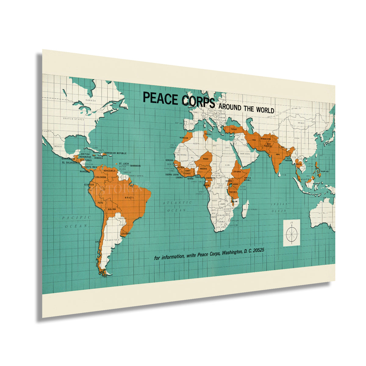 1966 Map of Peace Corps Around the World Wall Art Print – Historic Prints