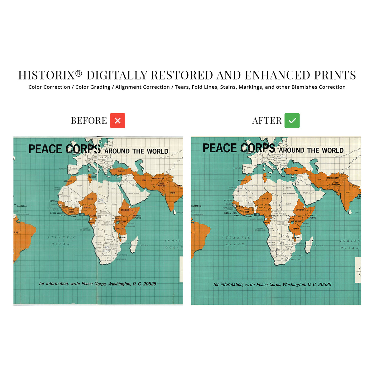 1966 Map of Peace Corps Around the World Wall Art Print – Historic Prints