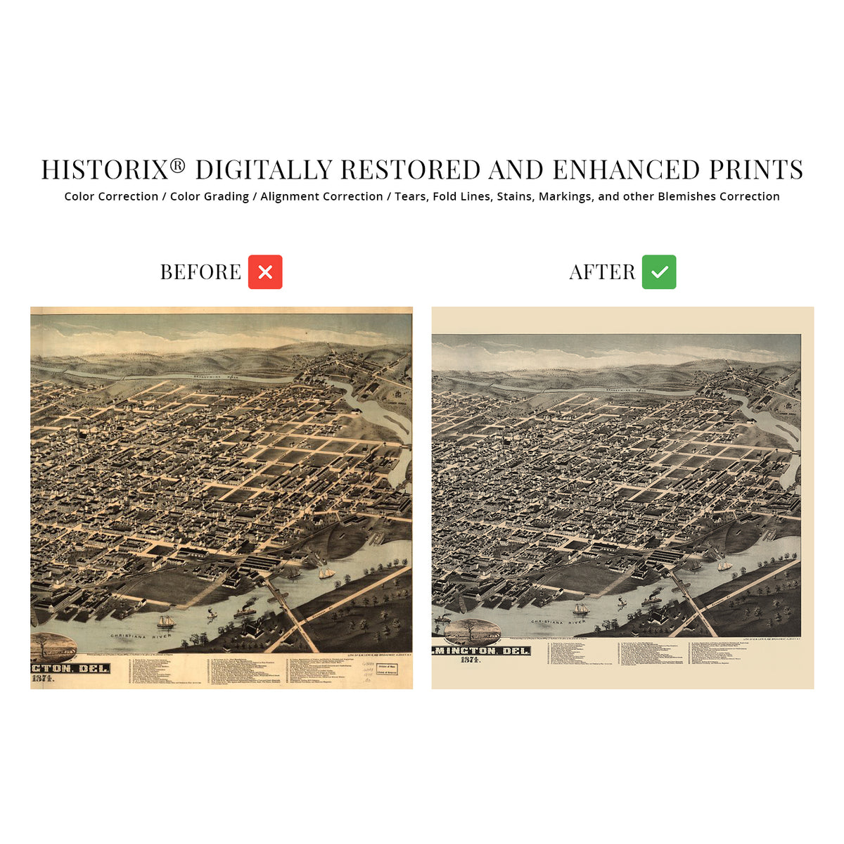 1874 Wilmington Delaware Bird's Eye View Map Wall Art Print – Historic ...