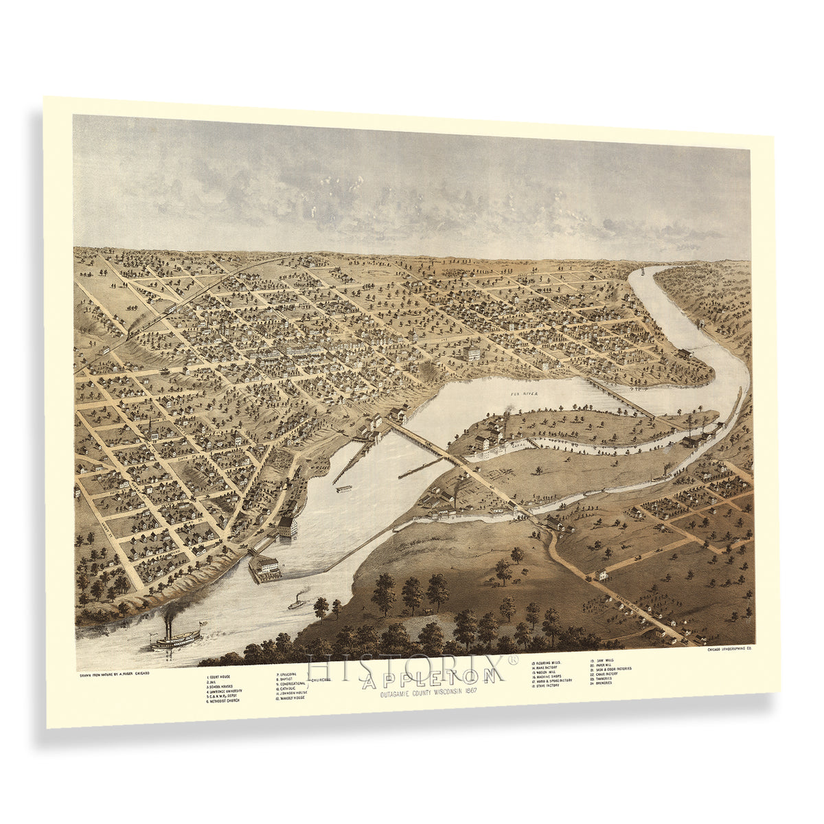 1867 Appleton Outagamie County Wisconsin Bird's Eye View Map Poster ...