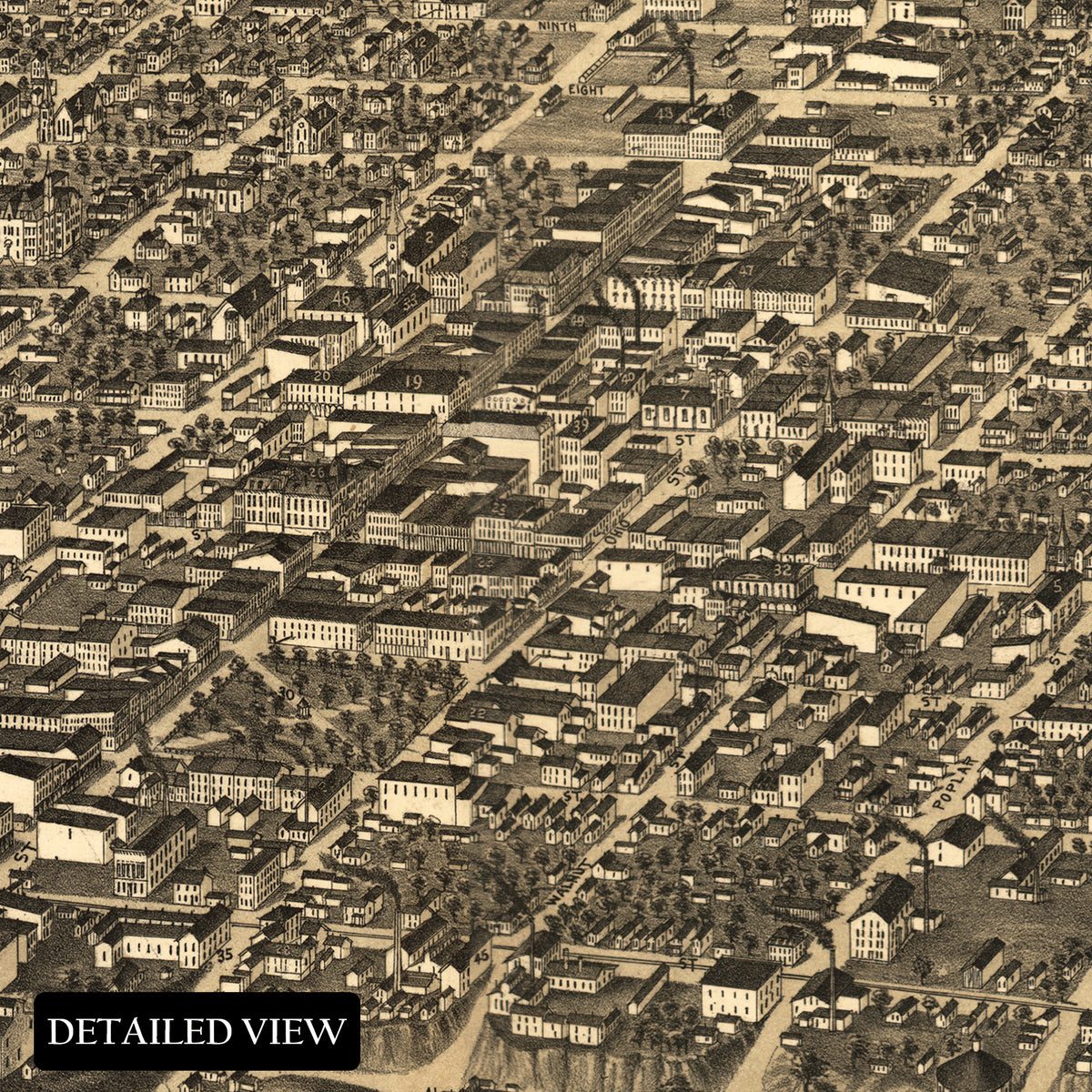 1880 Terre Haute Indiana Bird's Eye View Map Poster Wall Art Print ...