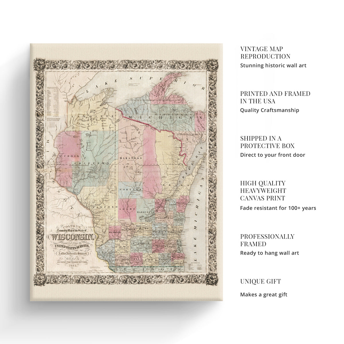 1851 Township Map of the State of Wisconsin Canvas Wall Art – Historic ...
