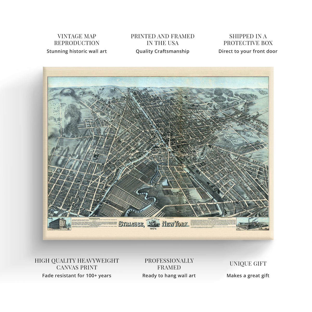 1874 Syracuse New York Bird's Eye View Map Canvas Wall Art – Historic ...