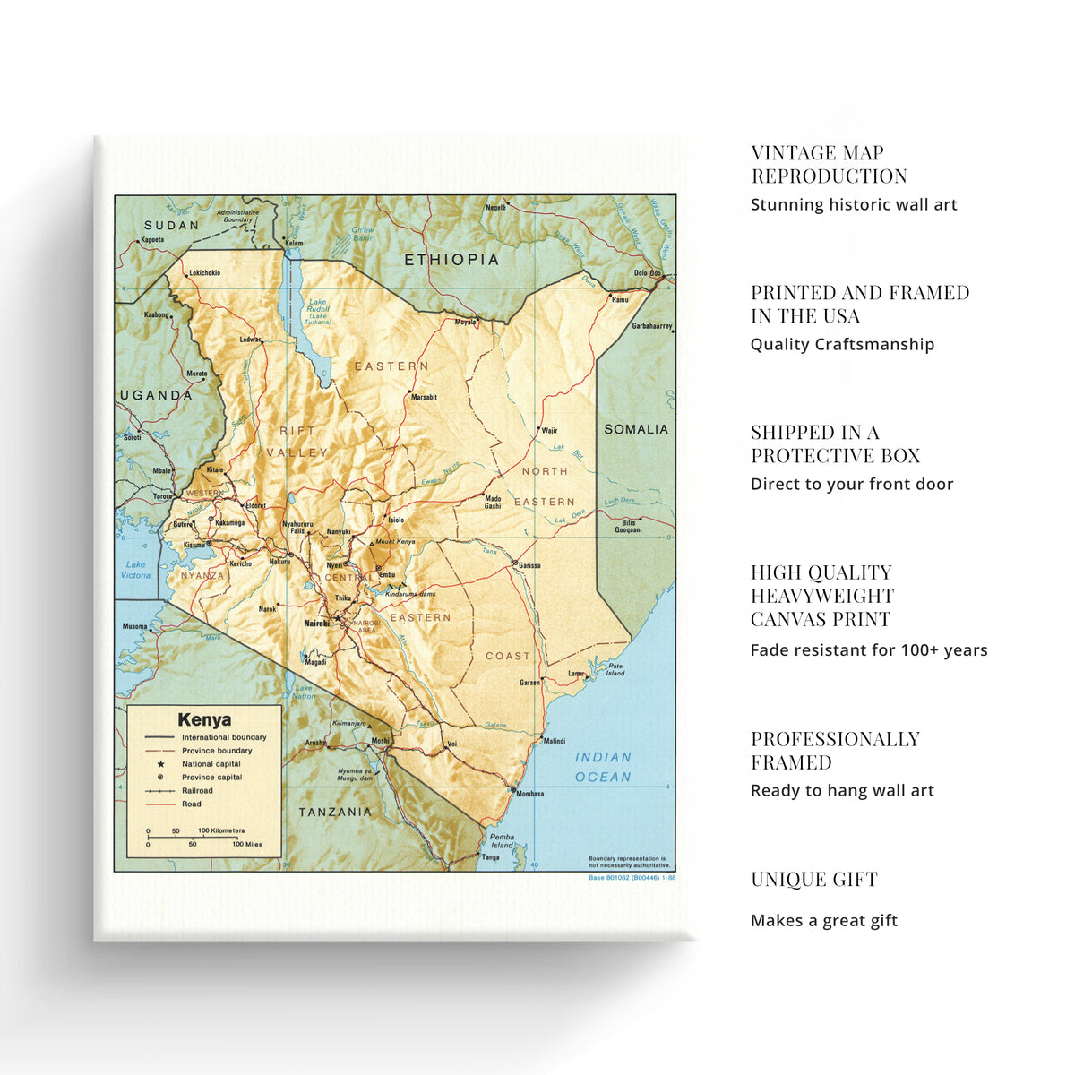 1988 Republic of Kenya Eastern Africa Map Canvas Wall Art – Historic Prints