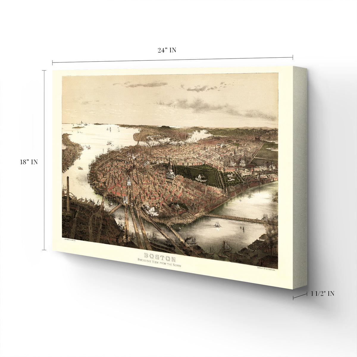 1877 Boston City Bird's Eye View from the North Map Canvas Wall Art ...