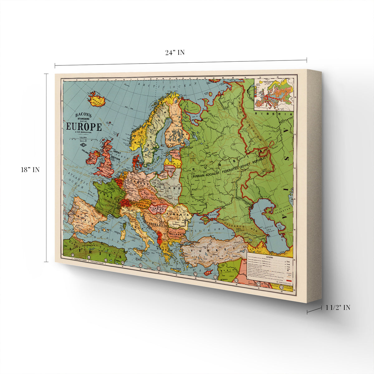 1925 Standard Map of Europe with Time Zones Canvas Wall Art – Historic ...