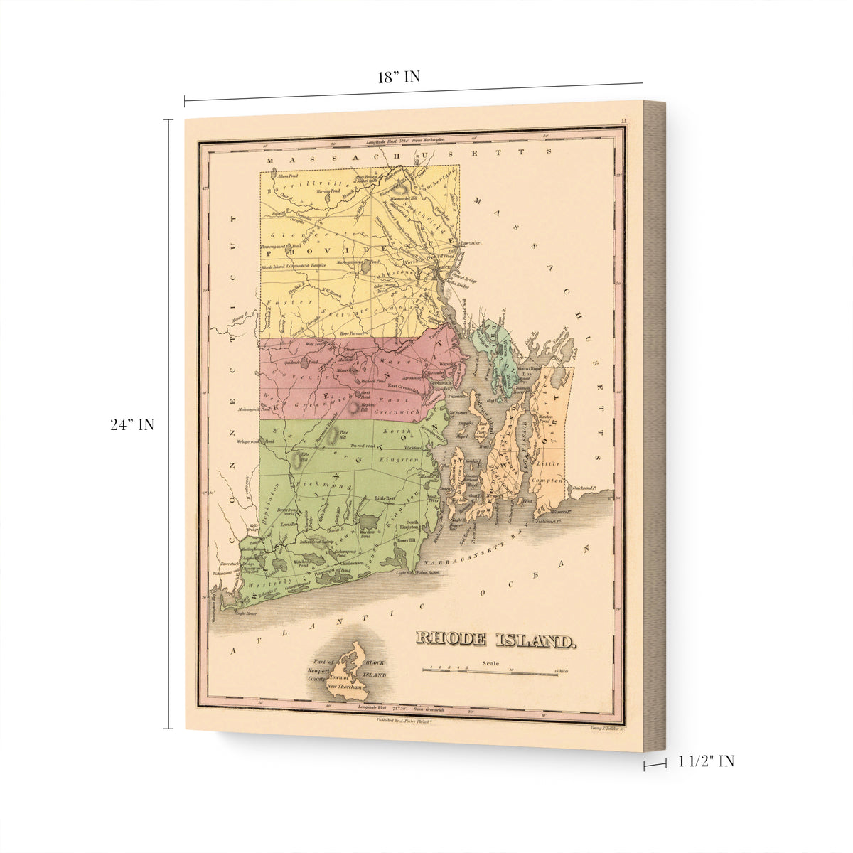 1829 Map of Rhode Island United States Canvas Wall Art – Historic Prints