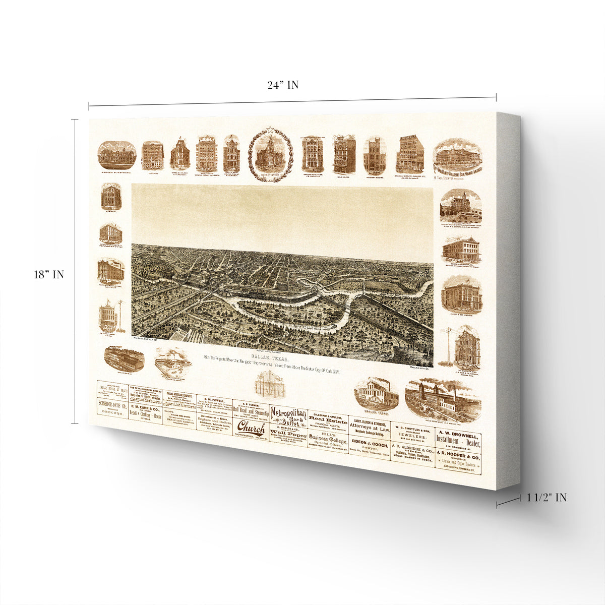 1892 Dallas Texas Bird's Eye View Map Canvas Wall Art – Historic Prints