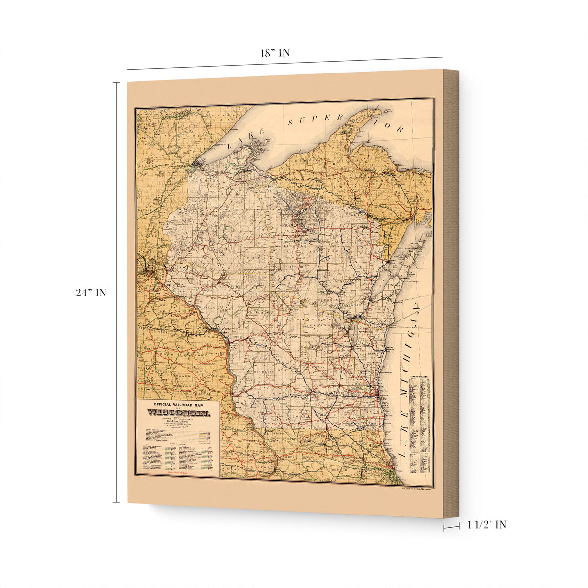 1900 Official Railroad Map of Wisconsin State Canvas Wall Art ...