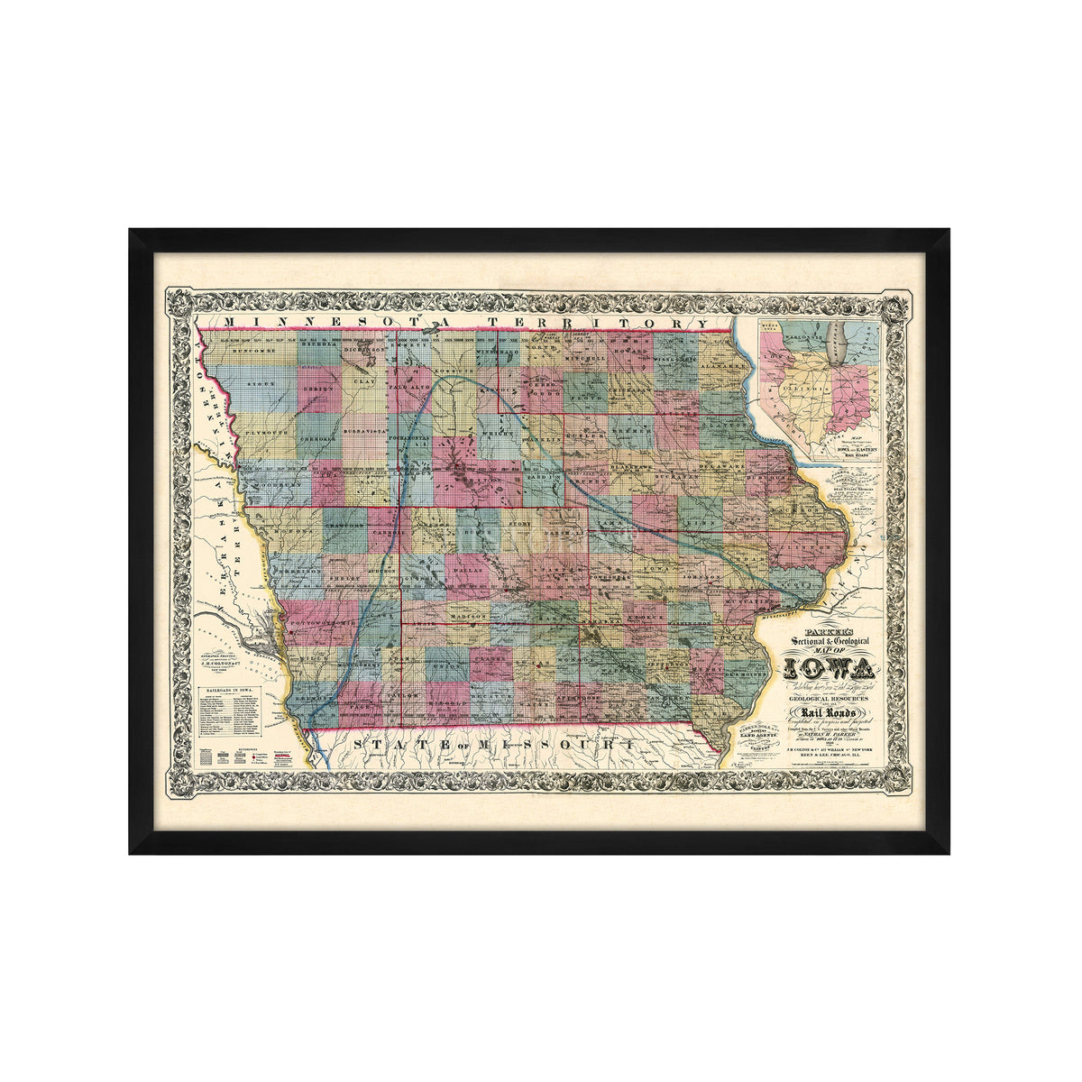 1856 Sectional & Geological Map of Iowa State Framed Wall Art ...
