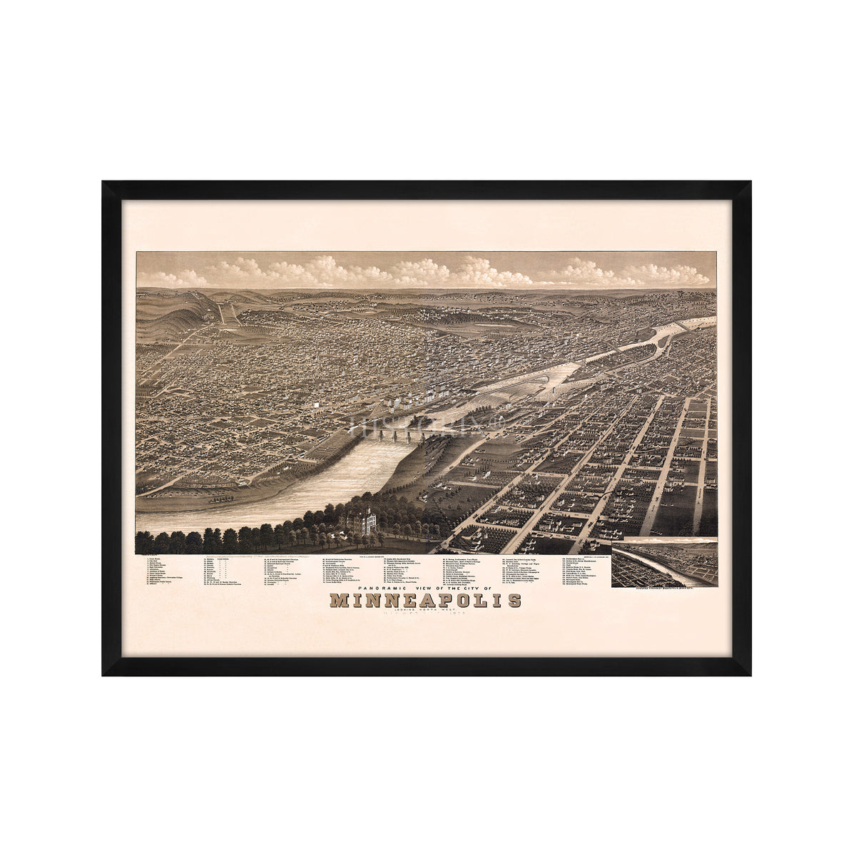 1879 Panoramic View of Minneapolis Minnesota Map Framed Wall Art ...