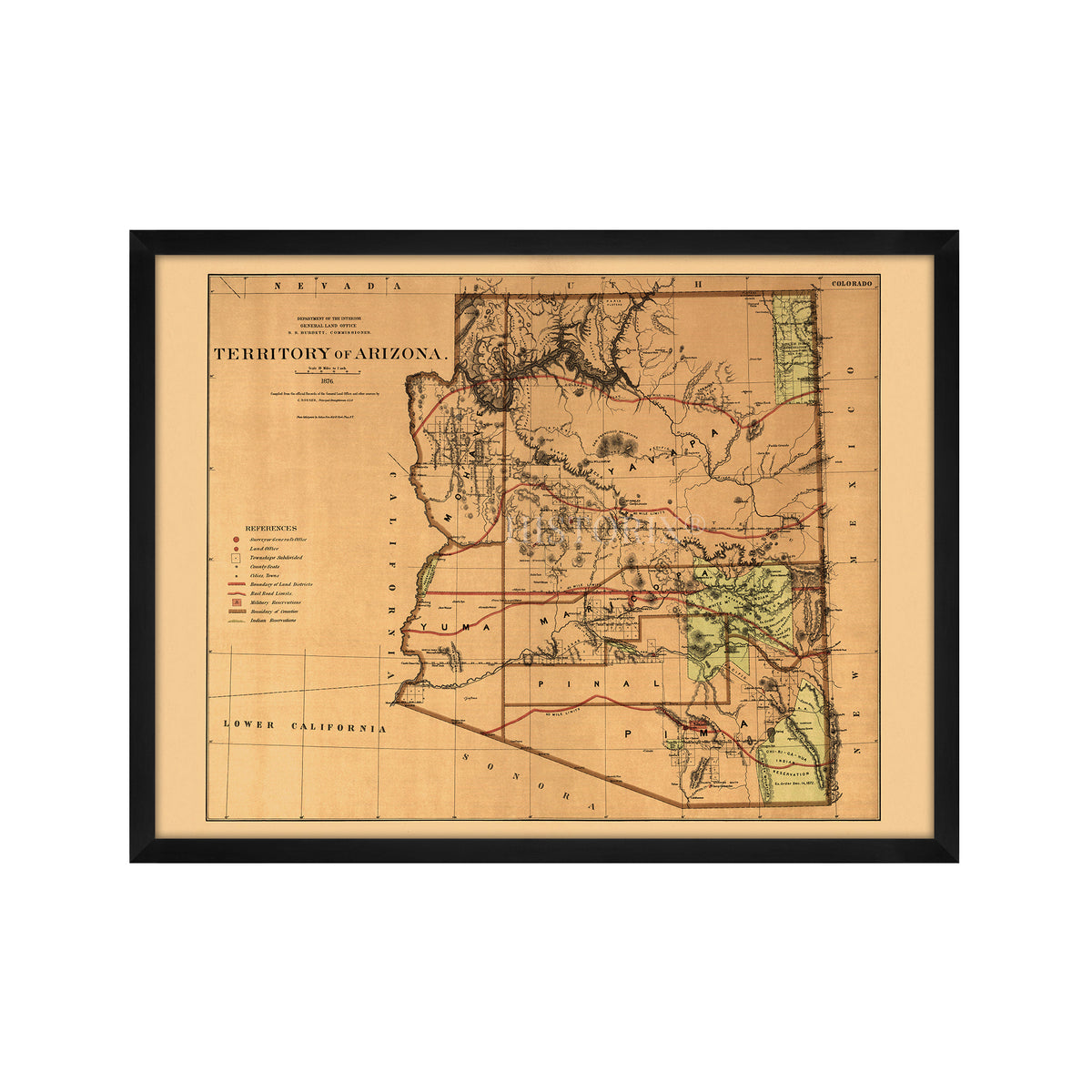 1876 Territory of Arizona United States Map Framed Wall Art – Historic ...