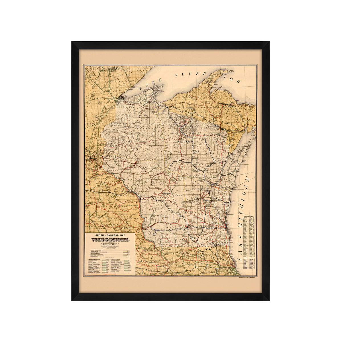1900 Official Railroad Map of Wisconsin State Framed Wall Art ...