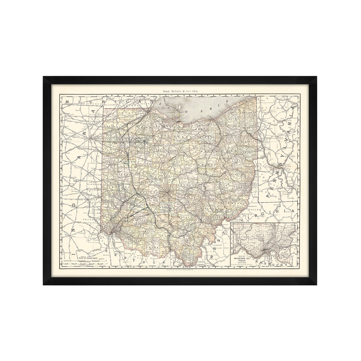 1894 Map of Ohio Showing Railroad Lines & Counties Framed Wall Art ...