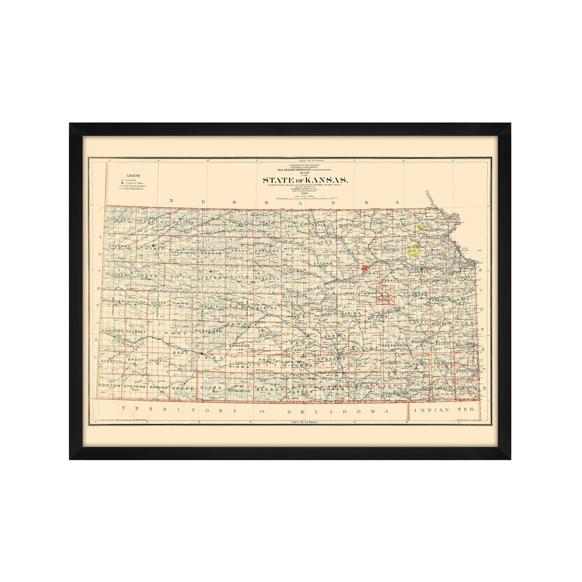 1898 Map of Kansas State from General Land Office Framed Wall Art ...