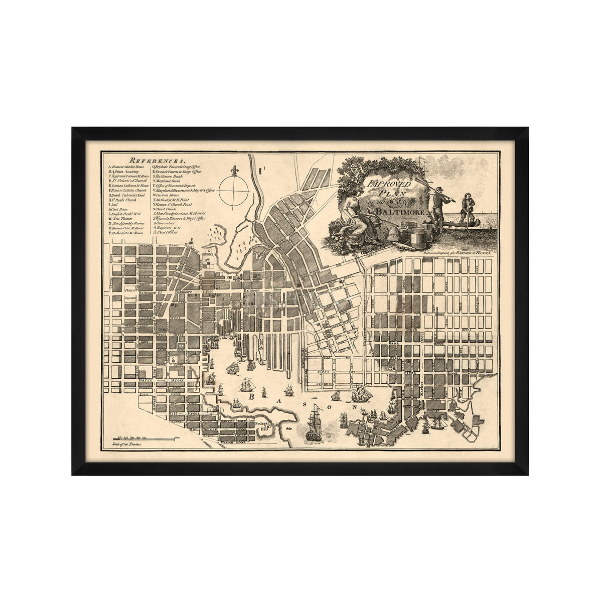 1804 Improved Plan of Baltimore City Maryland Map Framed Wall Art ...