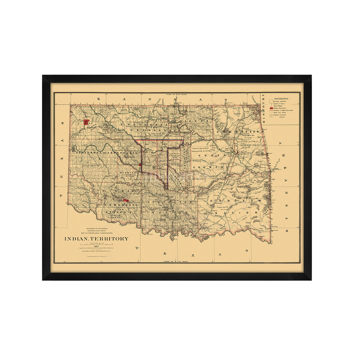 1887 Indian Territory Map from Official Records Framed Wall Art ...