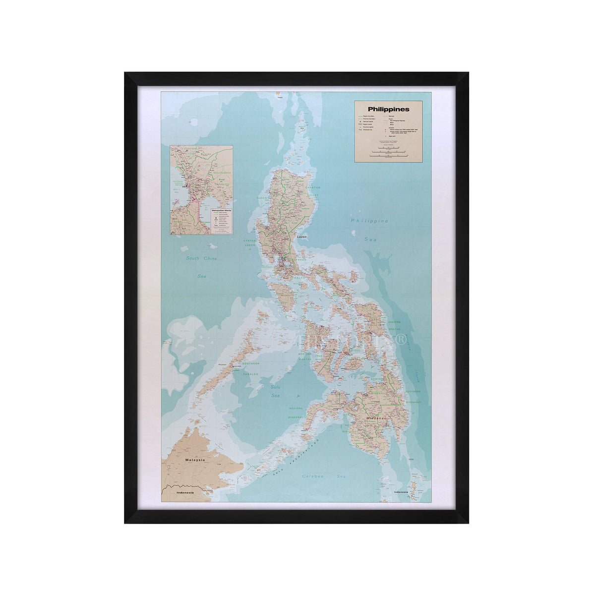 1990 Mapa de Filipinas con inserción de Manila Arte de pared enmarcado ...