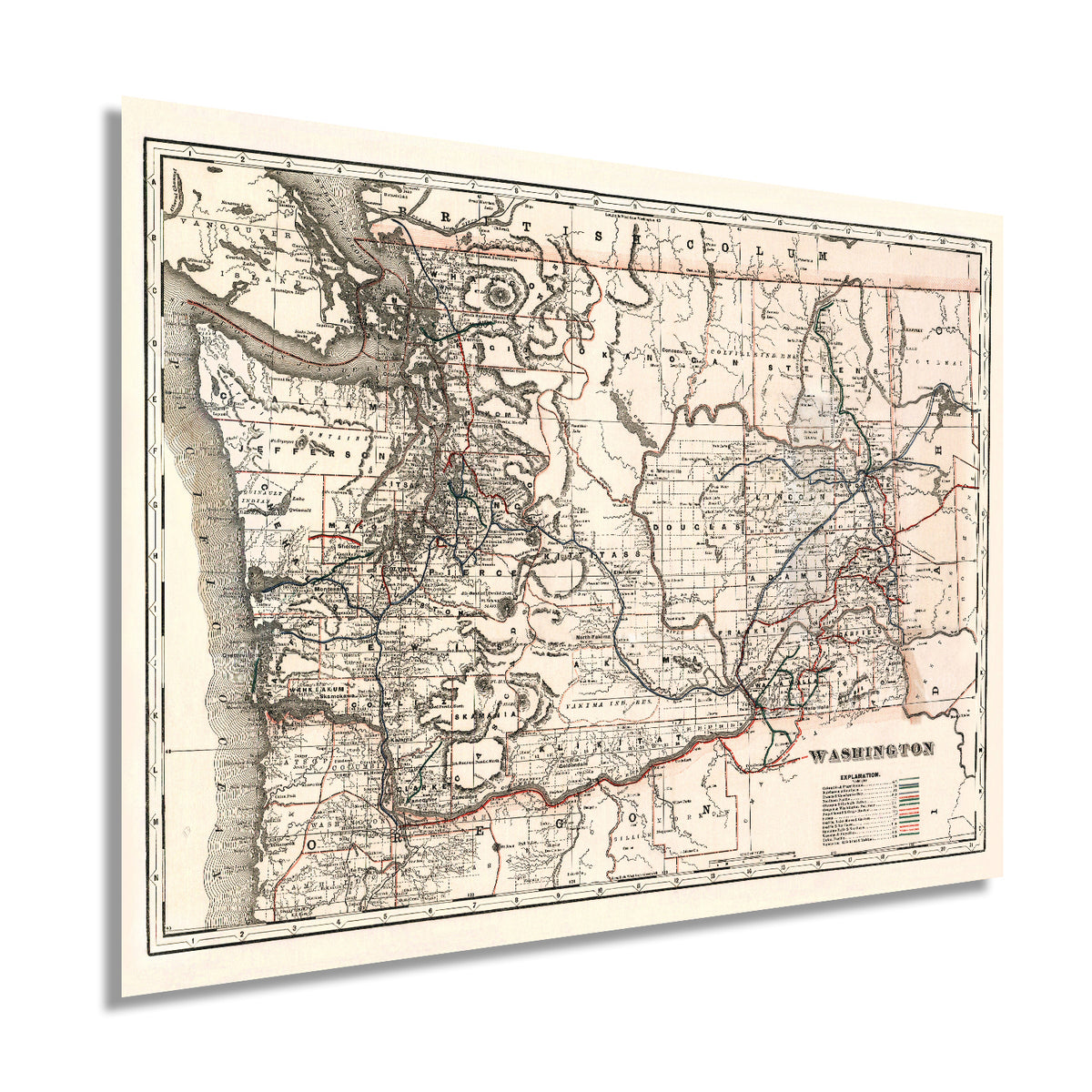 1888 Township & Railroad Map of Washington State Wall Art Print ...