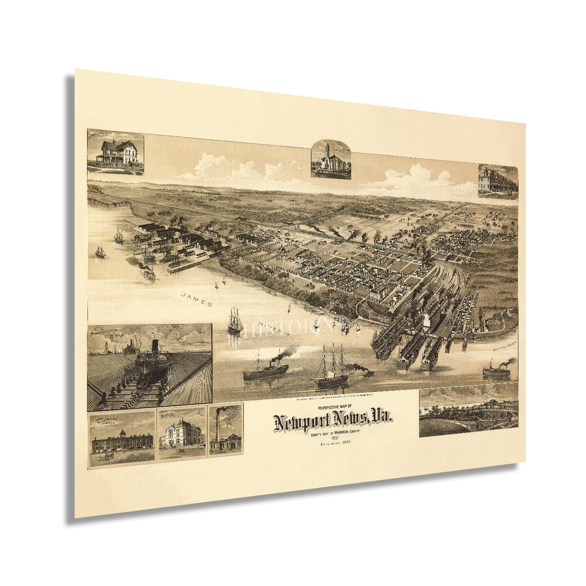 1891 Perspective Map of Newport News City Virginia Wall Art Print ...