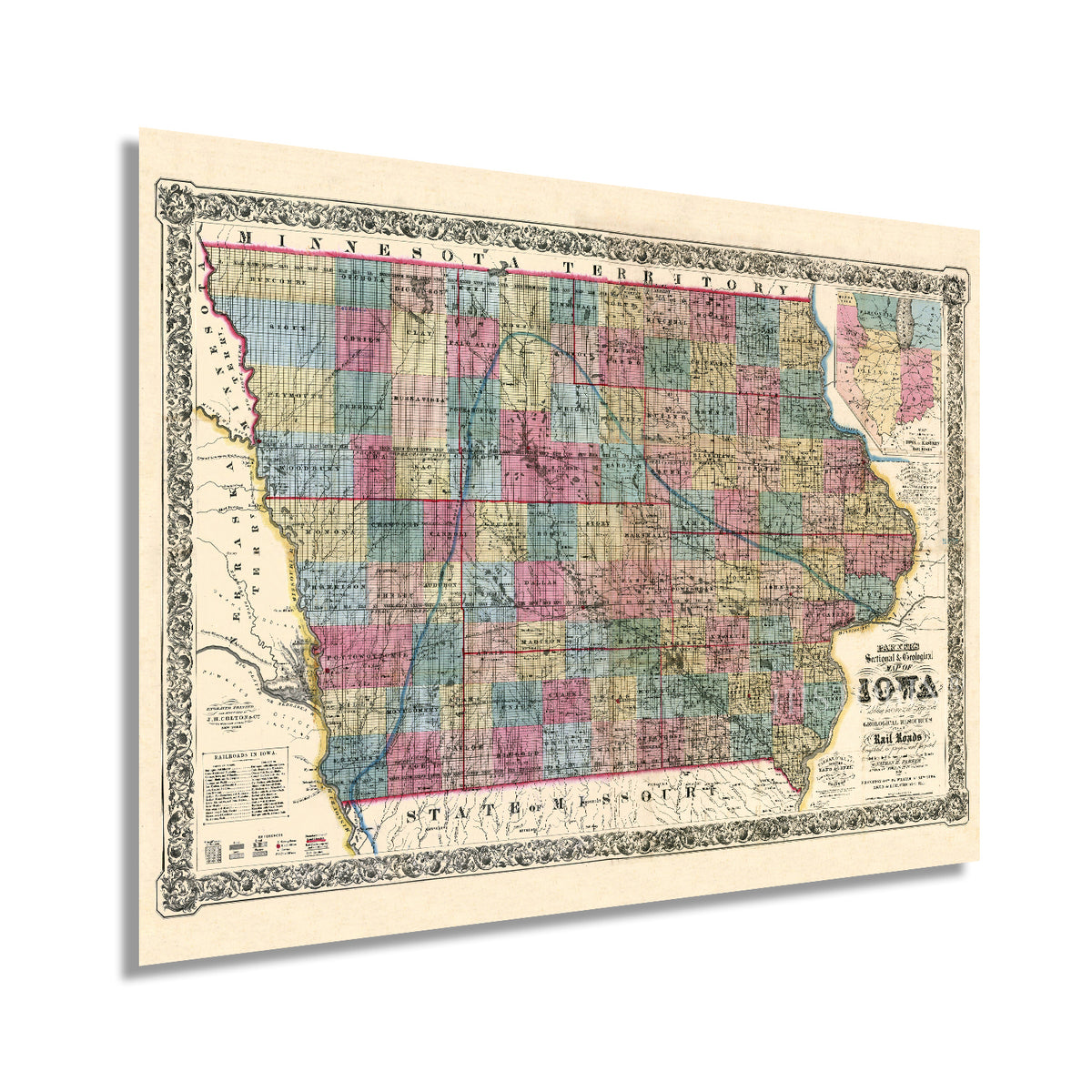 1856 Sectional & Geological Map of Iowa State Wall Art Print – Historic ...