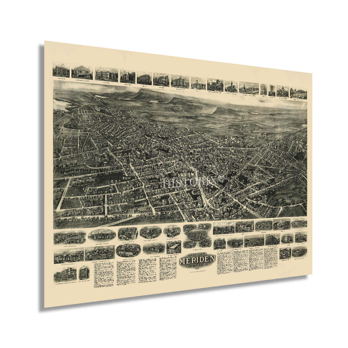 1918 Aero View of Meriden City Connecticut Map Wall Art Print ...