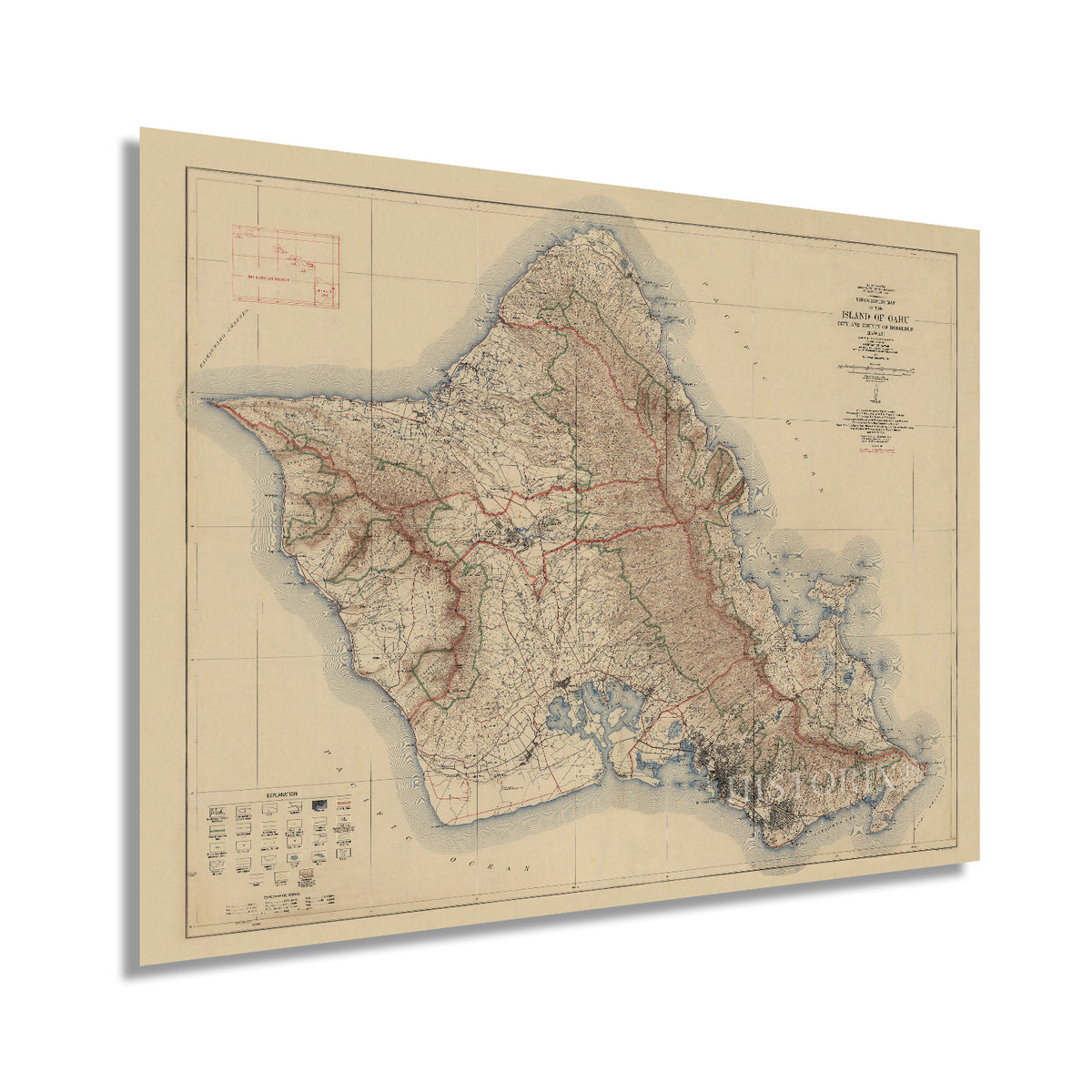 1938 Topographic Map of Oahu Honolulu Hawaii Map Wall Art Print ...
