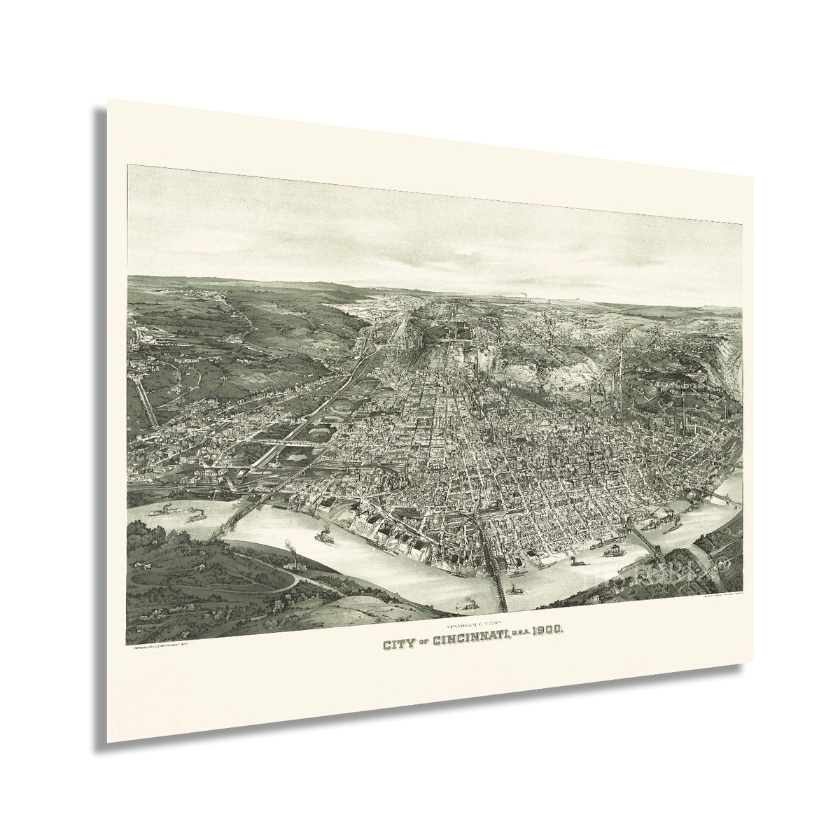 1900 Panoramic View of Cincinnati City Ohio Map Wall Art Print ...