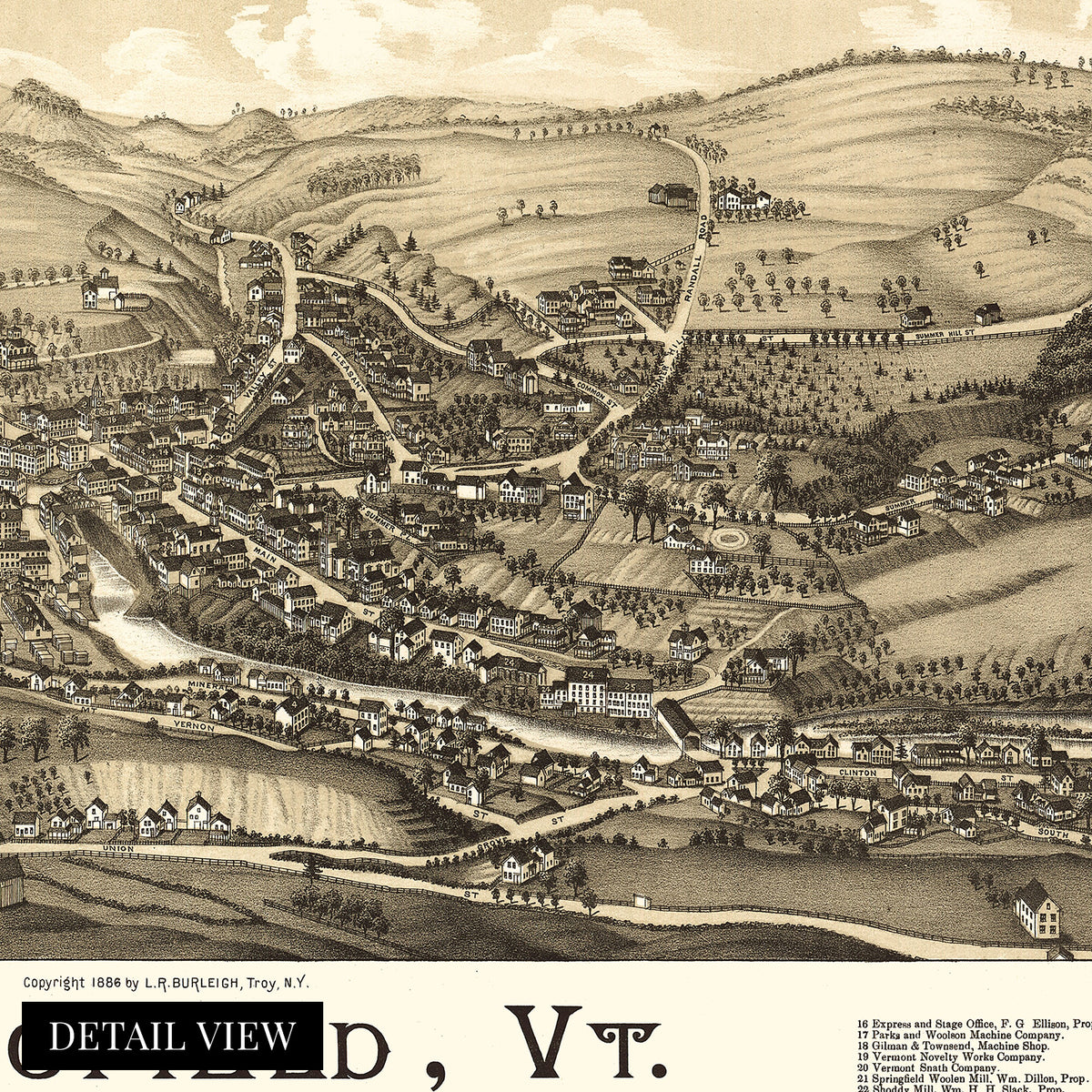 1886 Springfield City Vermont Bird's Eye View Map Wall Art Print ...