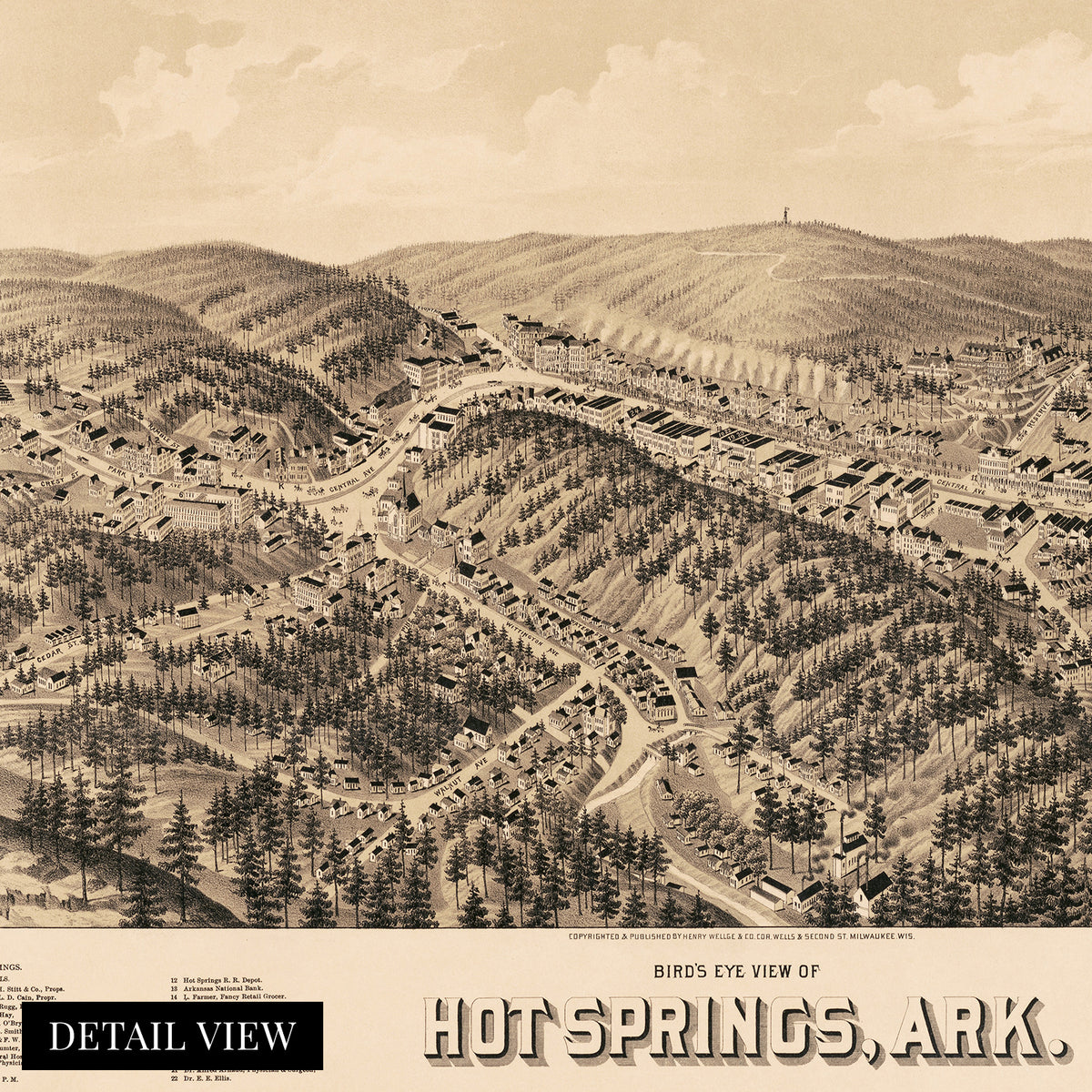 1888 Bird's Eye View Map of Hot Springs Arkansas Wall Art Print ...